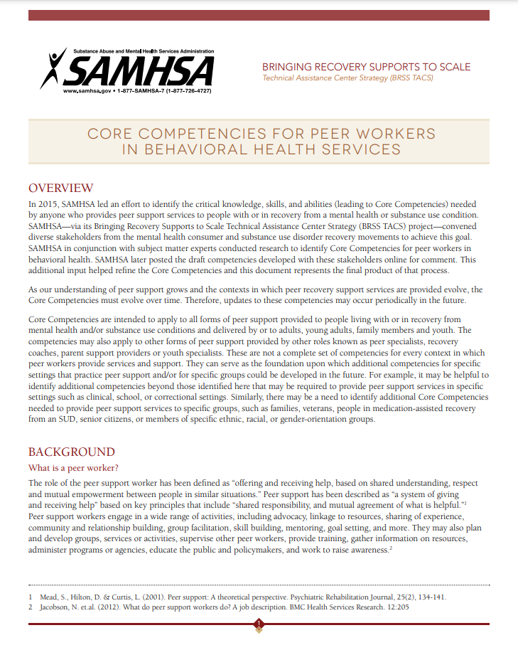 Core Competencies For Peer Workers in Behavioral Health Services - SAMSHA - PeerForce